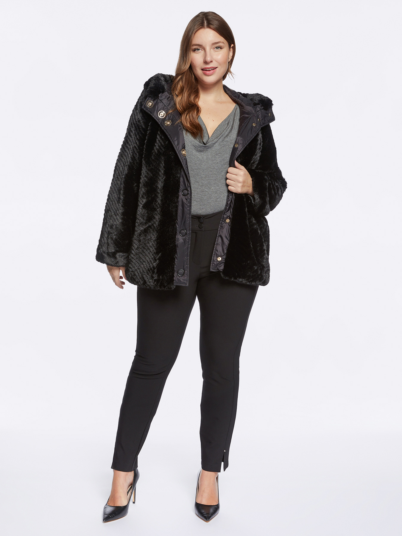 Nylon and fur-effect fabric down jacket